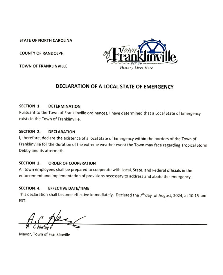 Declaration of a Local State of Emergency - Town of Franklinville